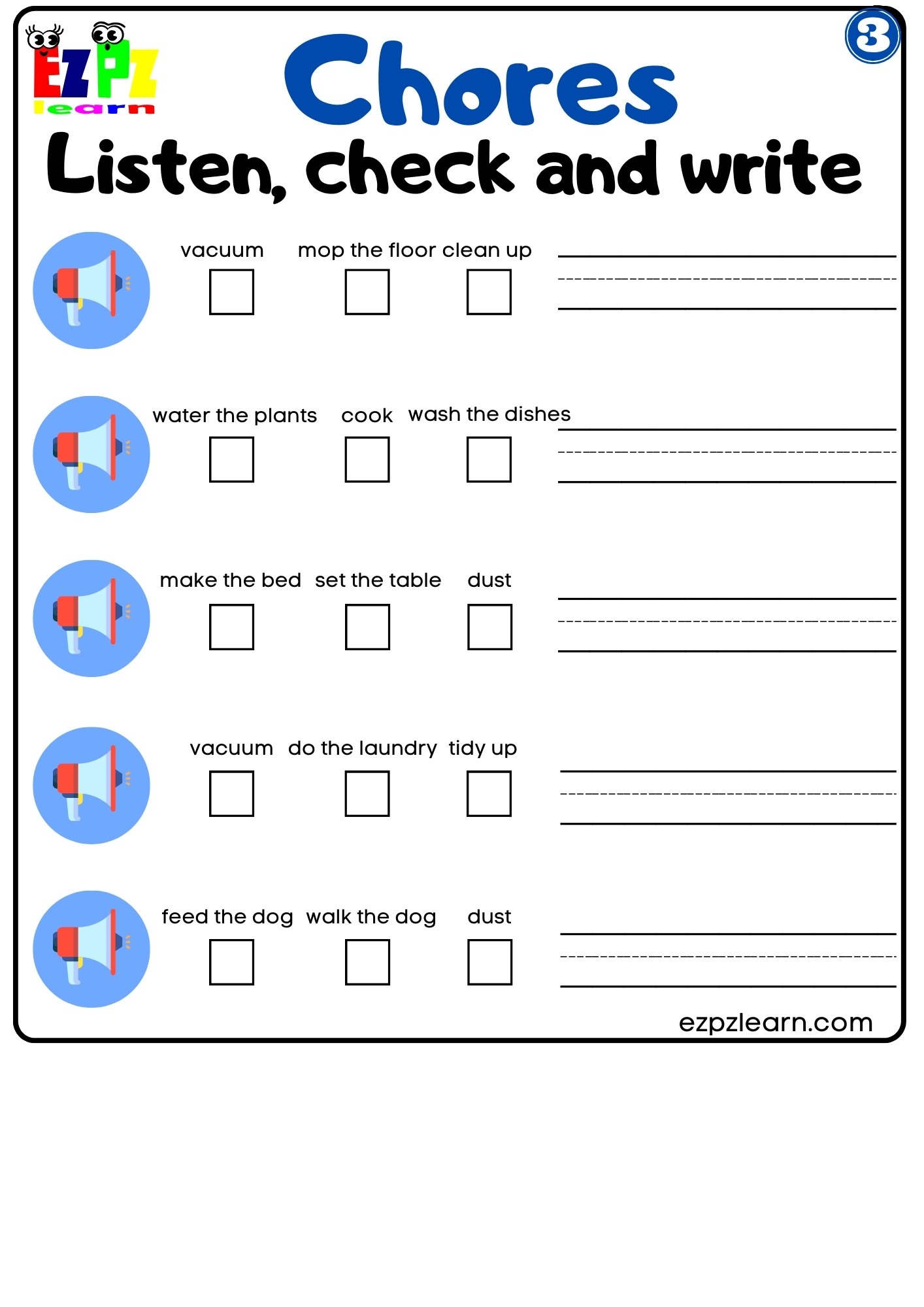 Chores Interactive Worksheet Listen, Check and Write the Words Activity ... Chores Interactive Worksheet Listen, Check and Write the Words Activity ...